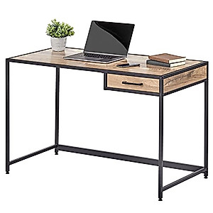 mDesign Metal & Wood Sturdy Home Office Desk with Righthand Drawer - Computer Desk, Home Office Writing, Small Desk, Modern Simple Style PC Table - Black Metal Frame/Gray Wash Wood Top
