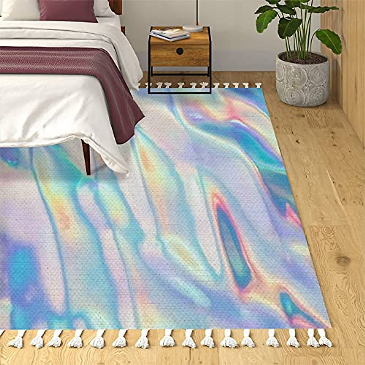 Boho Rug Holographic Foil Texture Abstract Soft Pastel Iridescent Background Area Rug Carpet Patio Rug Hallway Runner Rug Mat Pad Minimalist Home Decor for Living Room Bedroom Indoor Outdoor