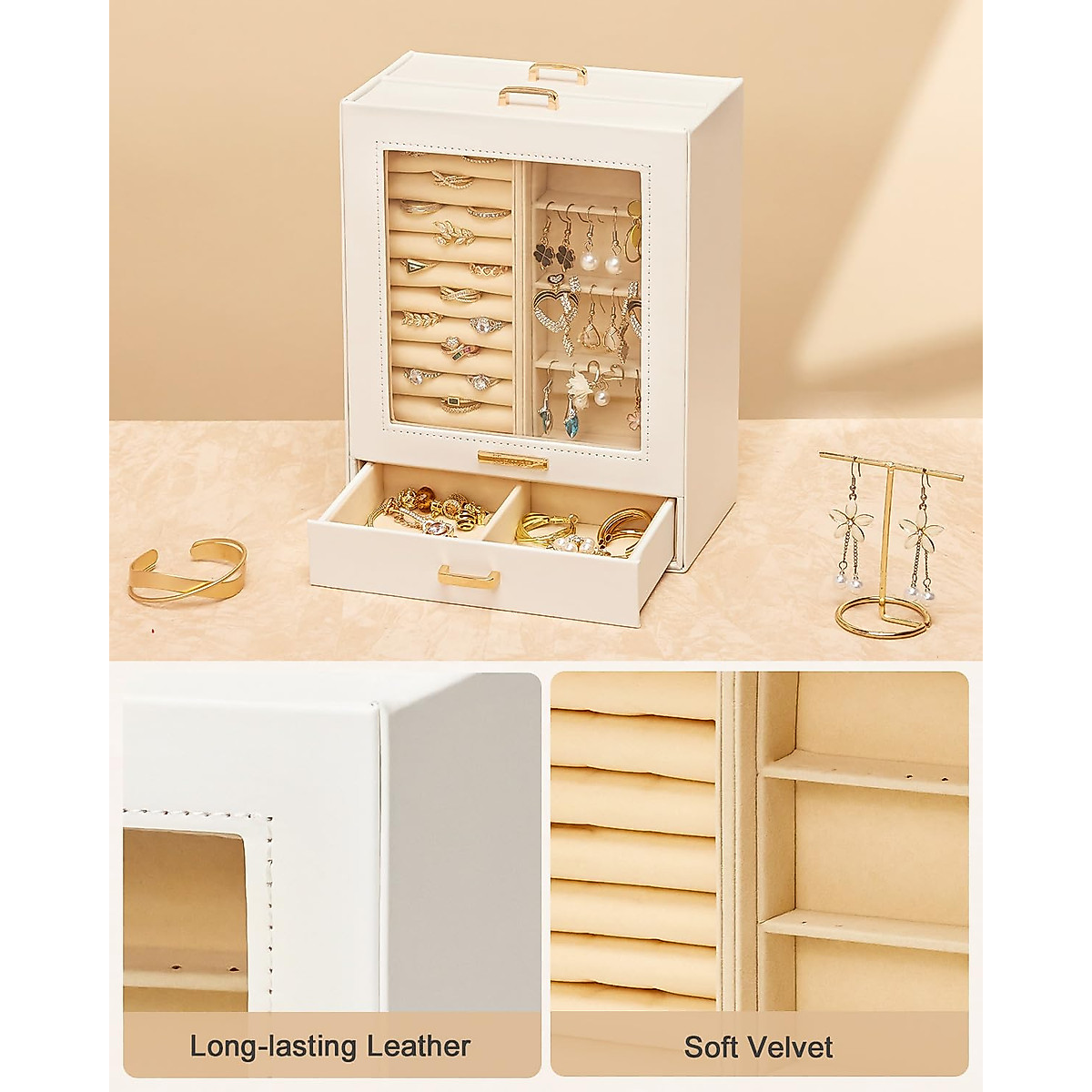 Homde Jewelry Organizer Girls Women Jewelry Box for Necklaces Rings Earrings Gift Jewelry Storage Case (White + Gold)
