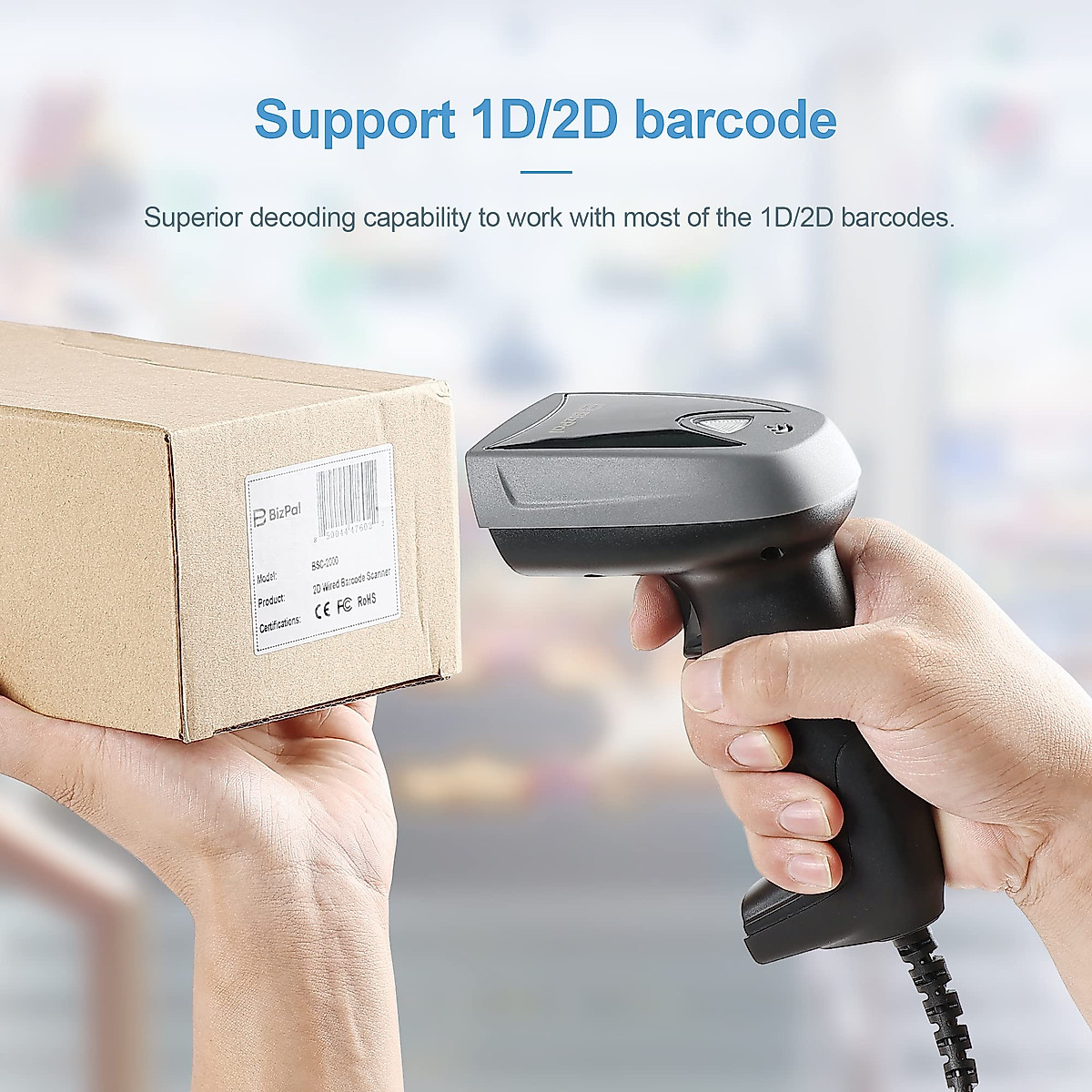 BizPal Wired 1D & 2D Barcode Scanner, Wide-Angle Lens Easy Coverage, Fast Scanning, Ergonomic Handle, Anti-Shock, Suitable for Store, Restaurant, Pharmacy, Clothing Industry, Plug and Play BSC-2000