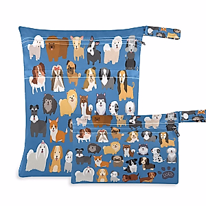 Dog Puppy Wet Dry Bags Animal Paw Print Waterproof Baby Cloth Diaper Bags with Two Zippered Pockets Beach Travel Bag for Swimsuit&Wet Cloth 2pcs