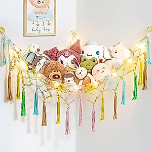 Dremisland Stuffed Animal Toy Hammock with Fairy Lights Macrame Rainbow Toy Net Hammock with Wood Beads Tassels-Stuff Animals Organizer Storage Toy Net Holder for Nursery Play Room, Kids Bedroom