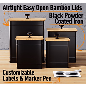 Kitchen Canisters for Countertop Set of 4 with Customizable Chalkboard Labels & Marker Pen - Big Iron Kitchen Canisters with Airtight Lids - Canisters Sets for the Kitchen - Black Kitchen Canister Set