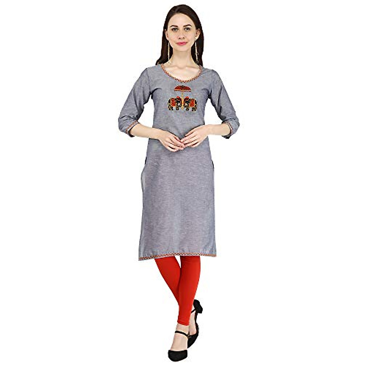 Indian Women's Embroidered Cotton Kurti Grey Top By Ramkudi