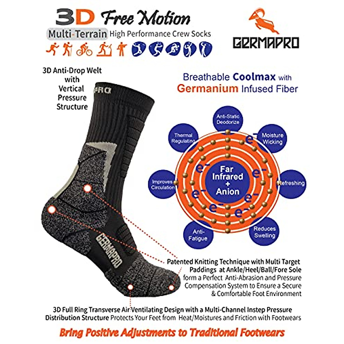 Men's Breathable Hiking Work Boot Socks w/Anti-Stress Moisture Wicking Germanium & Coolmax Fiber Lite-Compression 1/2 pr (X-Large, Brown)