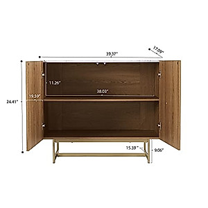 roomfitters 39" Modern Sideboard Buffet Cabinet, Herringbone Pattern Mid-Century Credenza with Doors, Media Console with Storage, Wine Cabinet for Kitchen, Living Room, Entryway, Oak, Gold Metal Legs