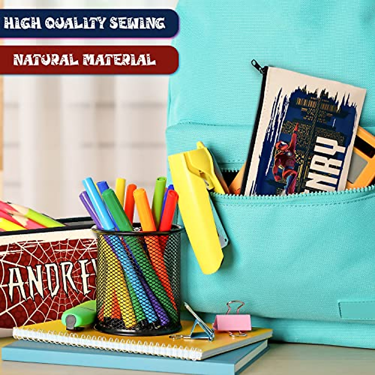 Personalized Super Hero Pencil Case w/Name Students - Custom Superhero Pen Box Birthday Gifts Boys Girls - Customized Canvas Pencils Cases Box - 10''x6'' - Man Pencil Pouch Spider Bat Design C1 Beige