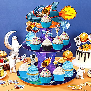25 Pieces Space Cupcake Topper Decorations Set 24 Pcs Outer Space Cupcake Toppers with Space Party Favors Cupcake Stand Space Themed Baby Shower for Kids Boys Space Birthday Party Supplies