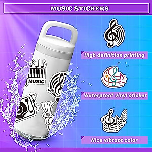 50Pcs Music Stickers for Water Bottles Vinyl Musical Note Stickers for Kids Waterproof Music Stickers for Laptop Guitar Hydroflask Scrapbooking Journaling