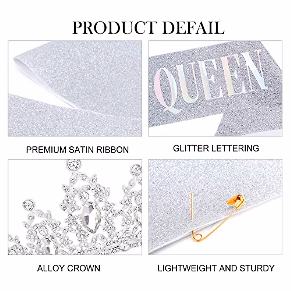 "BIRTHDAY QUEEN" Sash and Tiara for Women Crystal Tiara and Satin Kit for Girl Rhinestones Crown with Comb Glitter Hair Accessories for Prom Party Decoration Cake Topper Accessory Set with Pin (Silver Tiara and Silver Sash Set)