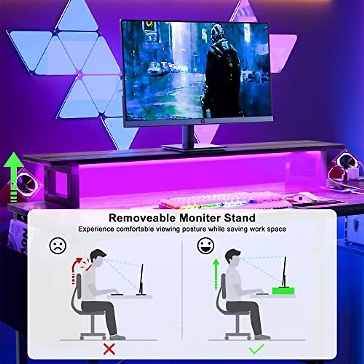 Homieasy L Shaped Computer Desk with LED Strip & Power Strip, 47 Inch Corner Desk with Monitor Stand Reversible Storage Shelves, Modern Simple Home Office Gaming Desk with Storage Bag(Black Oak)