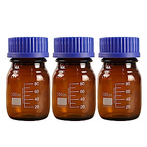 100ml Storage Glass Bottles with Cap - 3pcs Round Media Storage Bottles Amber Graduated Lab Reagent Container for Lab Scientific Glassware Classrooms Home