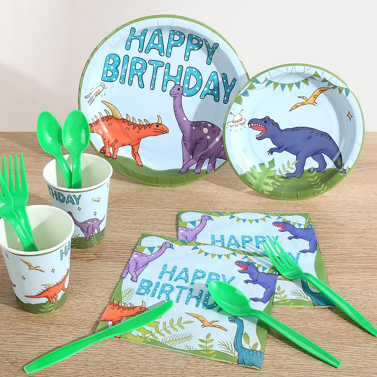 343PCS Dinosaur Party Decorations Set (24 Guest)- Complete Kids Dinosaur Birthday Party Supplies with Dinosaur Backdrop, Tablecloth, Plates, Cups, Cutlery, Balloon Arch, Decorations, and Stickers