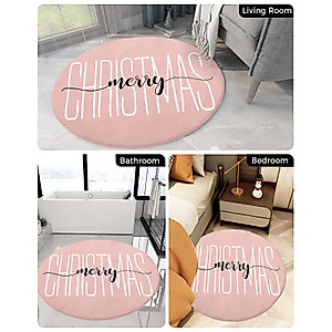 Merry Christmas Fluffy Round Area Rug Carpets 4ft, Plush Shaggy Carpet Soft Circular Rugs, Non-Slip Fuzzy Accent Floor Mat for Living Room Bedroom Nursery Home Decor Blush Pink Xmas Holiday