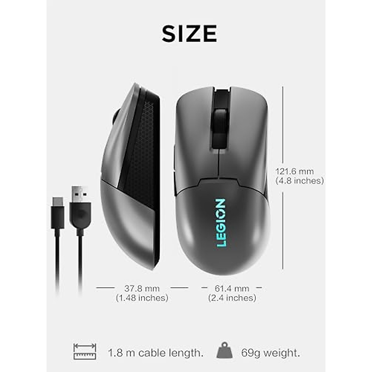 Lenovo Legion M600s RGB Wireless Gaming Mouse – 19,000 DPI, 6 Programmable Buttons, 70 Hours Battery Life, Tri-Mode Connectivity (2.4 GHz, Bluetooth, Wired), (Iron Grey)