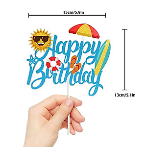 Summer Beach Happy Birthday Cake Topper Blue Glitter Summer Pool Swimming Surfing Party Decoration Summer Holiday Birthday Party Favor Supplies