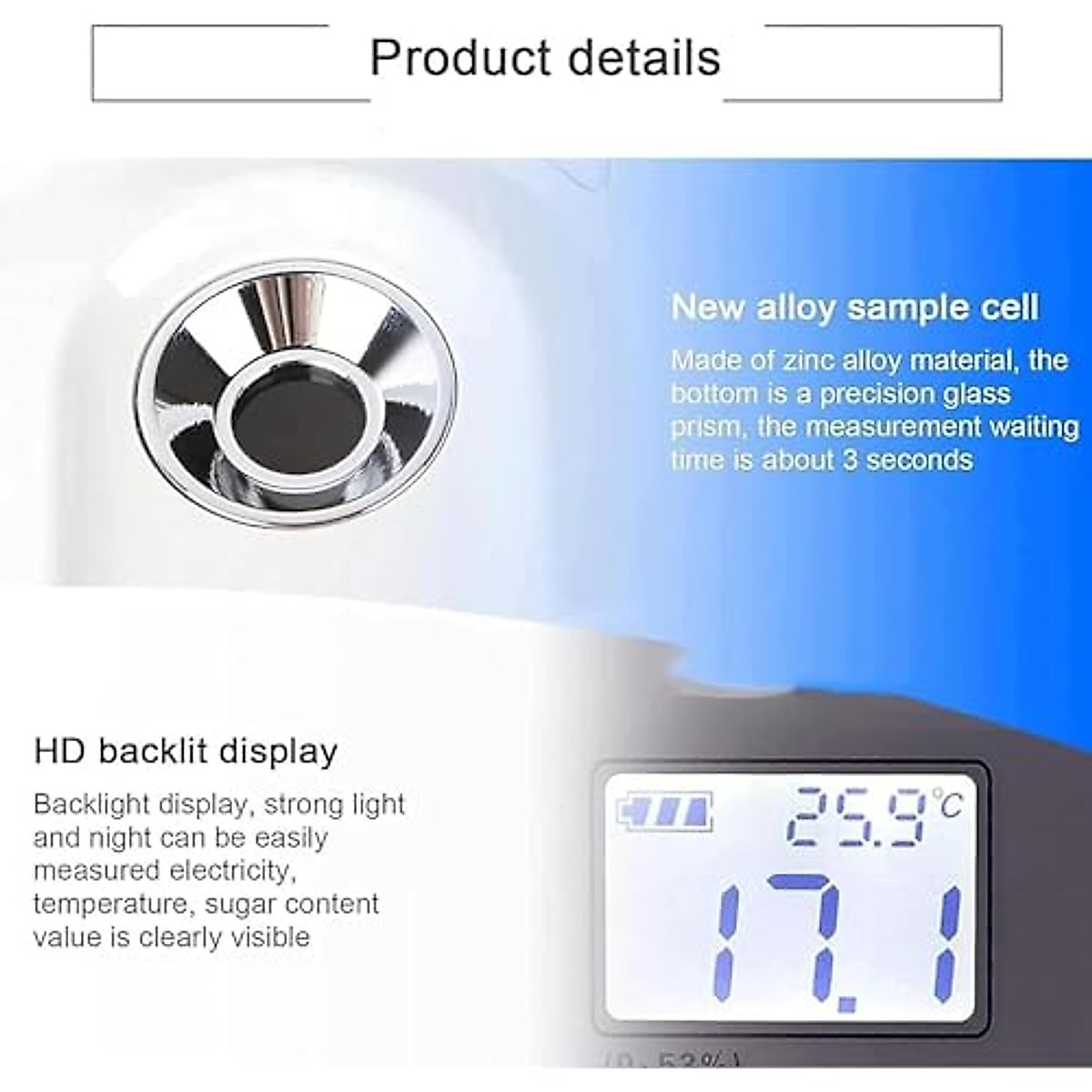 Brix Refractometer Meter, Digital Sugar Meter, Measuring Range Brix 0-53%, Accuracy Brix ±0.2%, 3s Fast Measurement, Zero Point Calibration, for Fruit, Food, Beverages