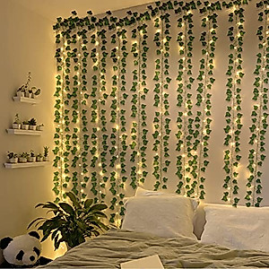 Fascidorm 5Pcs 35Ft Fake Vines for Bedroom with 12Pcs 3D Butterflies, Fake Ivy Vines for Room Decor with Fake Leaves, Artificial Greenery Ivy Garland for Wall Decor, Hanging Green Plant