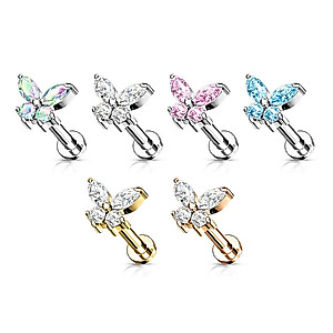 Pierced Owl 16G Stainless Steel Internally Threaded CZ Crystal Butterfly Top Flat Back Lip Cartilage Tragus Stud (Silver Tone/Aurora Borealis, Bar Length: 8mm)