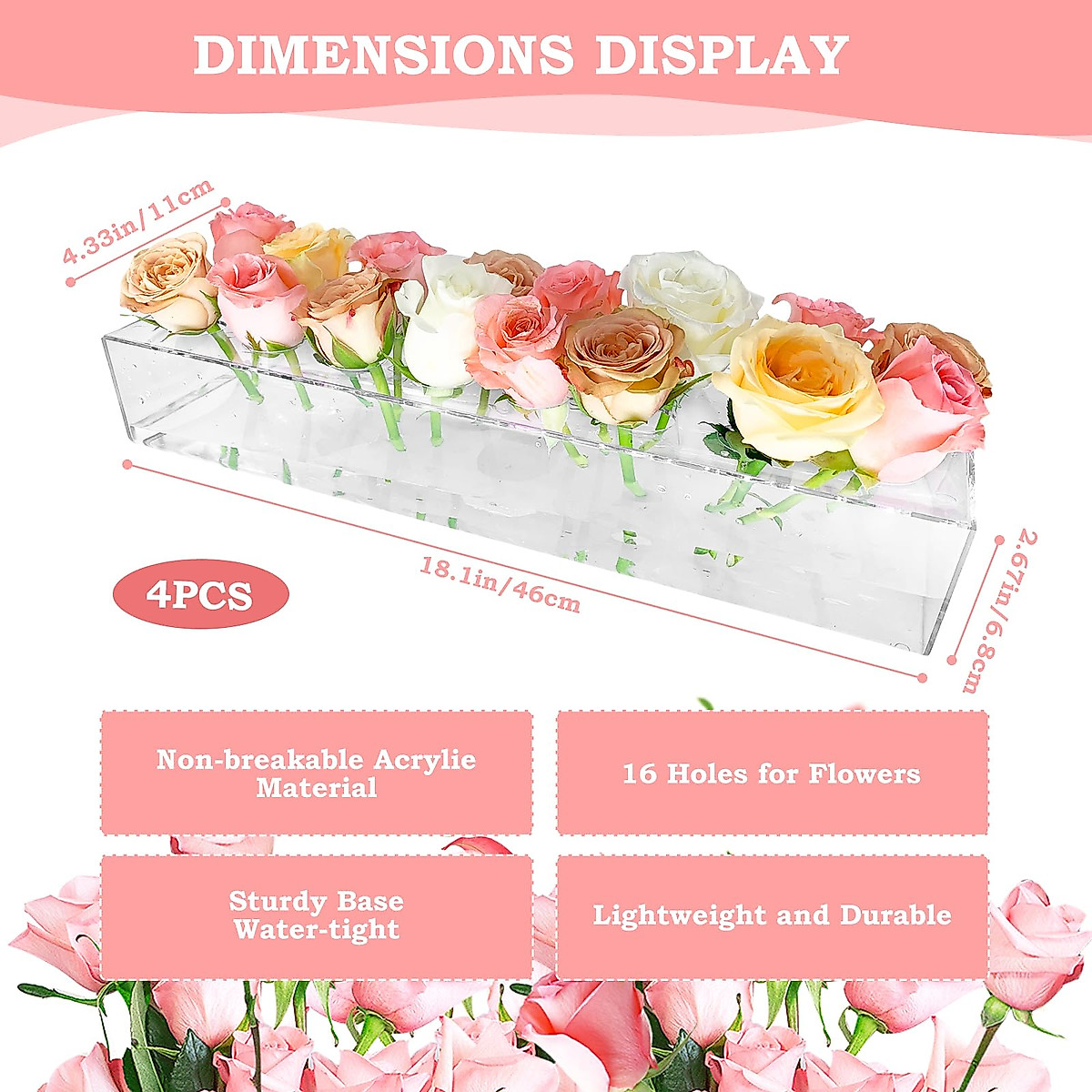 4Pcs Acrylic Flower Vase with 16 Holes,(15.8*4*2.4inch)Decorative Long Clear Vase Modern,Rectangular Acrylic Vases for Wedding Centerpiece Votives Box for Dining Table Reception Home Party Decorations