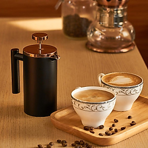 Meelio Black French Press Coffee Maker 12oz, Stainless Steel Double Wall Insulated Coffee Press with Rose Gold Metal Lid, Included 2 Extra Screens and 1 Coffee Spoon, 350ml