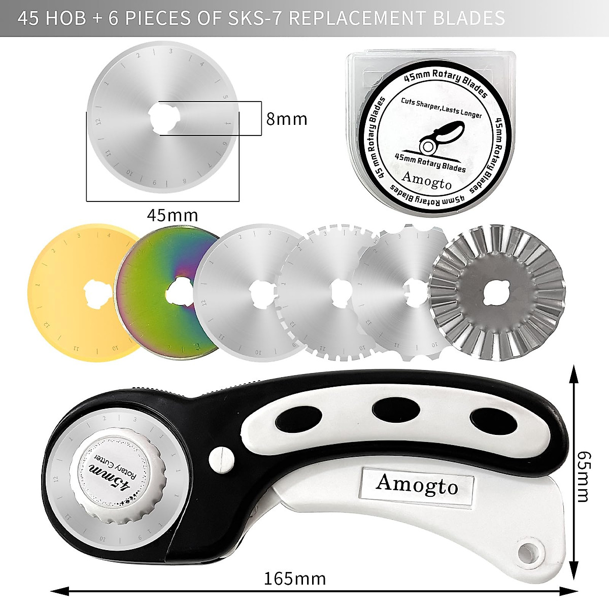 Amogto Rotary Cutter for Fabric, 45mm Fabric Cutter with 7pcs Rotary Cutter Blades, Ergonomic Quilting Supplies Tool for Leather, Crafting, Sewing, Quilting, Fabric Cutter Wheel for Left & Right Hand