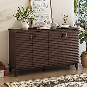 ZSQ Retro Sideboard Cabinet with 4 Doors Large Storage, Buffet Table with Adjustable Shelves, Vintage Wooden Sideboard for Kitchen, Living Room, Dining Room (Espresso)