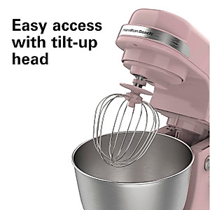 Hamilton Beach Electric Stand Mixer, 4 Quarts, Dough Hook, Flat Beater Attachments, Splash Guard 7 Speeds with Whisk, Rose