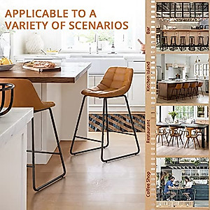 LUE BONA Counter Height Bar Stools, Indoor/Outdoor Mid Century Modern Upholstered Checkered Pattern Leather Dining Chair with Metal Legs, 24" Bar Stools Set of 4, for Kitchen Island, Whiskey Brown