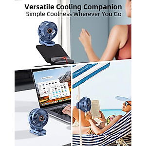 buywoo Portable Desk Fan, Battery Powered Stroller Fan With Strong Clamp Grip, 360° Rotation, 3-Speed & LED Display, Small Rechargeable Personal Clip On Fan For Bedroom, Office, Gyms, Blue