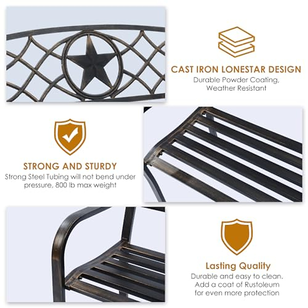 Sun-Ray 213046 Lone Star Metal Park Patio Bench, OneSize, Bronze