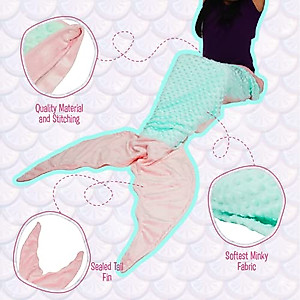 Everyday Educate Mermaid Tail Blanket for Girls - Kids Fleece Blanket Made by Minky Plush - Includes a Free Newborn Blanket - Makes Great Gift for Ages (0 Months to 11 Years) (Aqua/Pink)