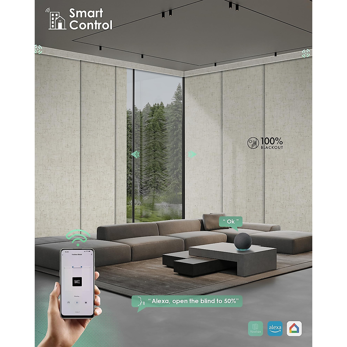 Yoolax Custom XL Smart Sliding Door Blinds,motorized sliding panel blinds works with Alexa,fabric blackout vertical blinds for glass doors.hanging room divider,patio doors,closet doors