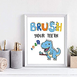 Dinosaur Bathroom Decor, Funny Dinosaur Themed Bathroom Inspirational Quotes Art Print Humorous Quotes Painting, Toilet Rules Art Picture for Kids Nursery Washroom Bathroom Decor, Set of 4 (8”X10”), Unframed