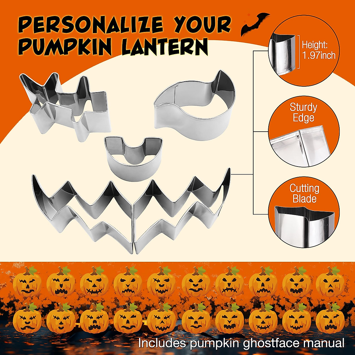 HAUSHOF 24PCS Halloween Pumpkin Carving Kit, Safe and Easy Pumpkin Carving Tools, Stainless Steel Pumpkin Carving Stencils for Halloween Jack-O-Lanterns, With Hammer & Camping Lantern