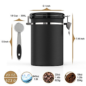 Airtight Coffee Canister, Large Stainless Steel Coffee Bean Storage Container for Kitchen with Date Tracker, Measuring Scoop, One Way Co2 Valve (Extra 6pcs) for Beans, Grounds Tea, Sugar (16OZ, Black)