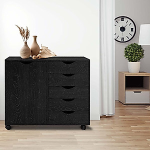 Naomi Home Amy 5 Drawer Chest, Wood Storage Dresser Cabinet with Wheels, Craft Storage Organization, Makeup Drawer Unit for Closet Bedroom Office File Cabinet 180 lbs Total Capacity - Distressed Black