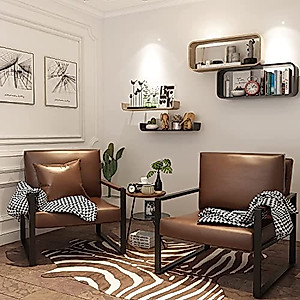 Lamerge Leather Accent Chair Sofa Chair with Extra-Thick Padded Backrest and Seat Cushion Single Sofa for Living Room Bedroom, Black Metal Frame, 105 Degree Slant Back, Brown,Set of 1