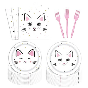 96Pcs Cat Birthday Party Tableware Supplies Animal Theme Dinnerware Set Cat Face Baby Shower Disposable Paper Plates Forks Napkins for 24 Guests Cute Cat Head Birthday Party Favors