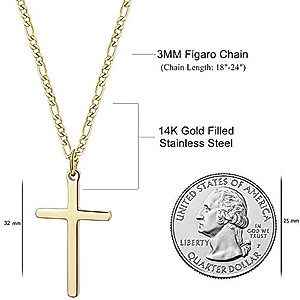 14K Gold Filled Cross Necklace for Men Figaro Chain Cross Necklace Stainless Steel Plain Cross Pendant Necklace Simple Faith Jewelry Gift for Boys 18"