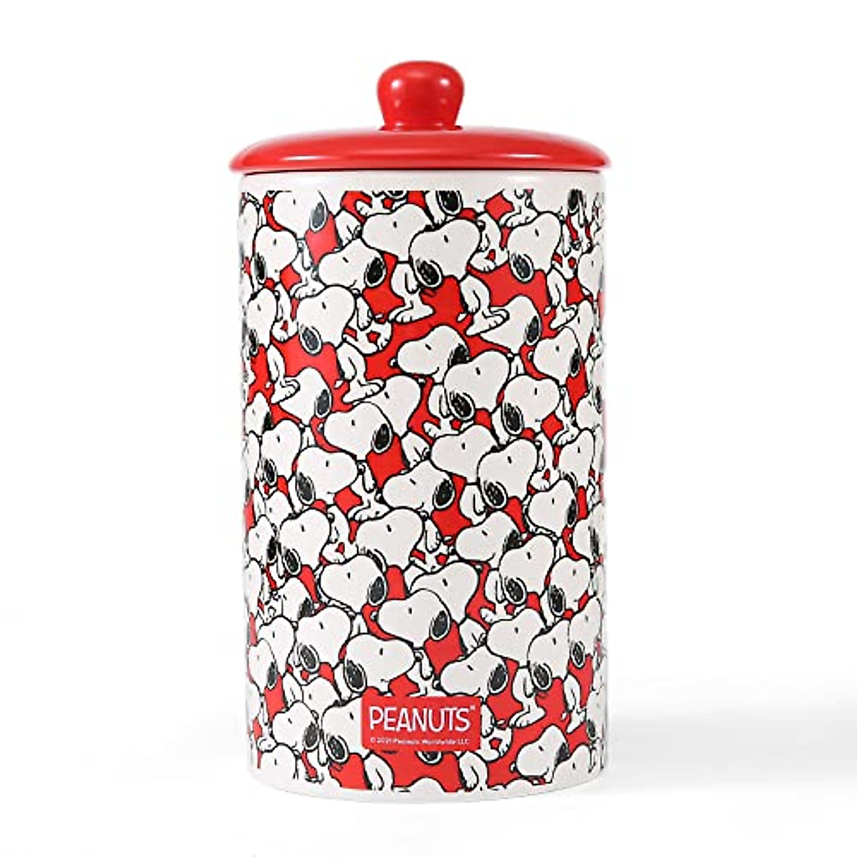 Peanuts for Pets Snoopy Dog Treat Jar | 10 x 5 Snoopy Repeating Pattern Ceramic Dog Treat Jar with Lid, Dishwasher Safe Red and White Dog Food Storage Cylinder, (FF17834)