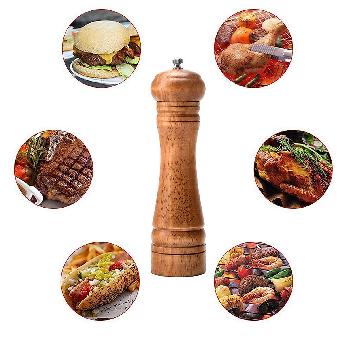 Wood Salt and Pepper Mill, Adjustable Coarseness Wooden Grinder Wooden Peppermill with Ceramic Grinding Core Refillable for Kitchen Picnic BBQ Restaurant Parties - 10 inch