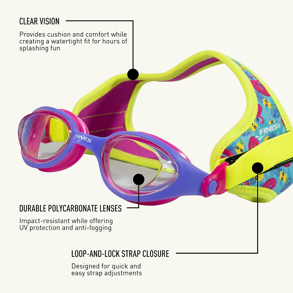 FINIS DragonFly Goggles - Kids Swim Goggles for Ages 4-12 with UV Protection, Buoyant Neoprene Strap, and Durable Lenses - PVC- and Latex-Free - Flamingo
