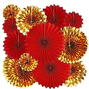 Red and Gold Hanging Paper Fans - Wedding Anniversary Bachelorette Birthday Graduation Party Christmas New Years Event Party Ceiling Hangings Photo Booth Backdrops Decorations, 12pc