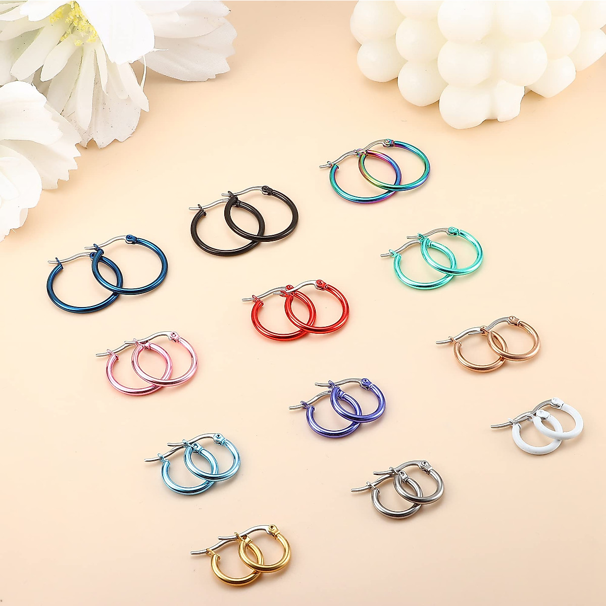 Sanfenly 12 Pairs Stainless Steel Hoop Earrings Small Hoop Earrings for Women Hypoallergenic Multi Colored Silver Gold Plated Hoop Earrings Set (10mm,12mm,15mm,20mm)