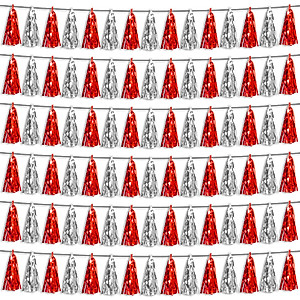 6P Foil Fringe Metallic Tassel Streamers Banner Tassel Garland for Parade Floats, Bachelorette, Wedding, Birthday, Halloween, Christmas, Bridal/Baby Shower Party Decorations (RedSilver)