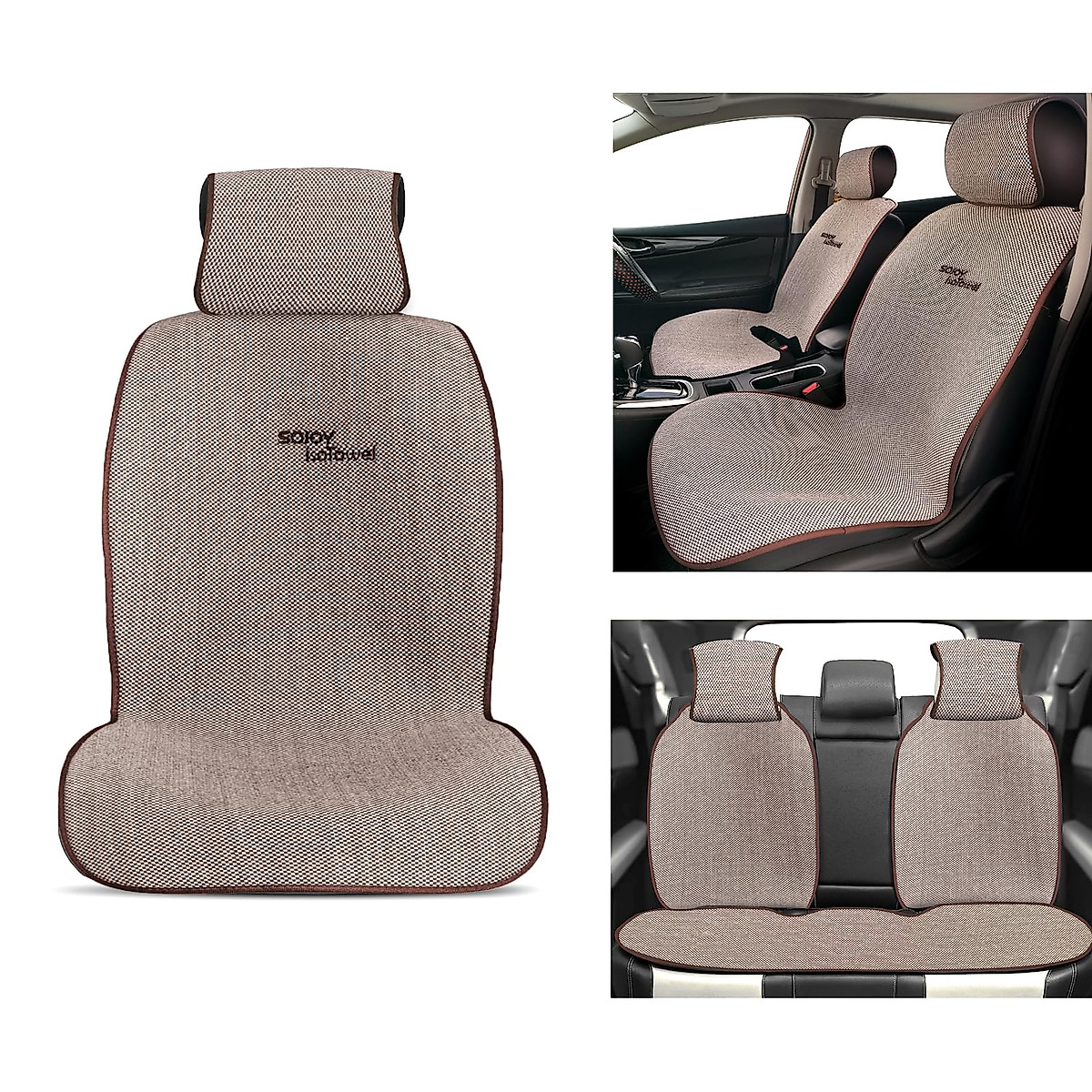 Sojoy Car Seat Covers Full Set Universal Fit Four Seasons Car Seat Towel Protector Easy to Use with Non-slip Bottom (Brown and Tan)