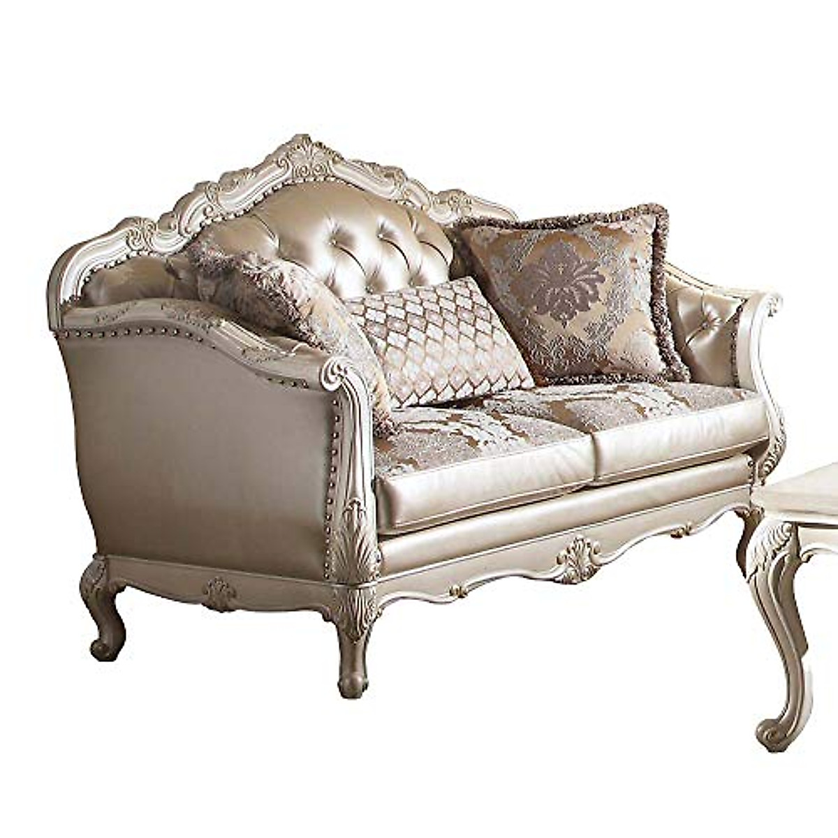 ACME Chantelle Loveseat w/3 Pillows - - Rose Gold PU/Fabric & Pearl White