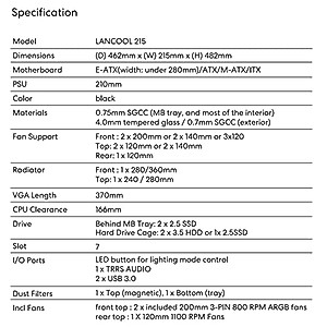 LIAN LI LANCOOL 215 E-ATX PC Case, RGB Gaming Computer Case Features High Airflow with 2x200mm ARGB Fans & 1x120mm Fan Pre-Installed and Mesh Front Panel, Tempered Glass Mid-Tower Chassis (Black)