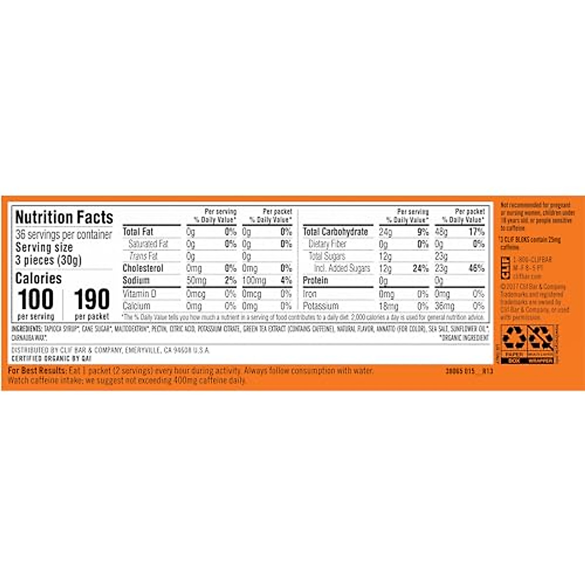 CLIF BLOKS - Orange Flavor with Caffeine - Energy Chews - Non-GMO - Plant Based - Fast Fuel for Cycling and Running - Quick Carbohydrates and Electrolytes - 2.12 oz. (18 Count)